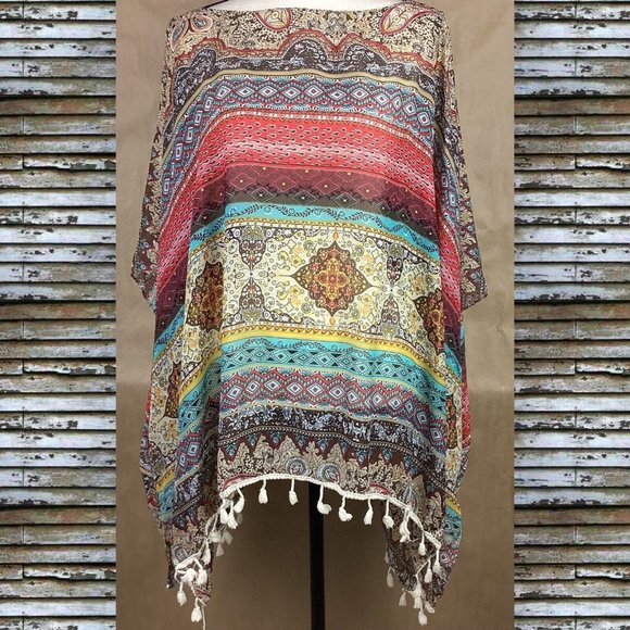 Anne French | Sweaters | Multicolor Bohemian Poncho With Tassels | Poshmark